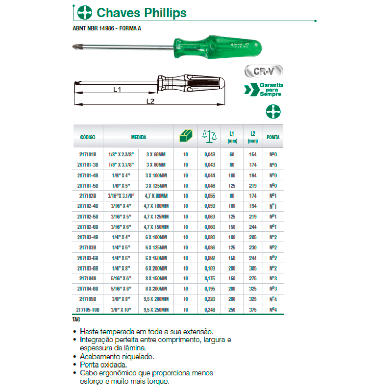 Chave Phillips ergonomica N4 3/8''x8'' 217105B - Belzer
