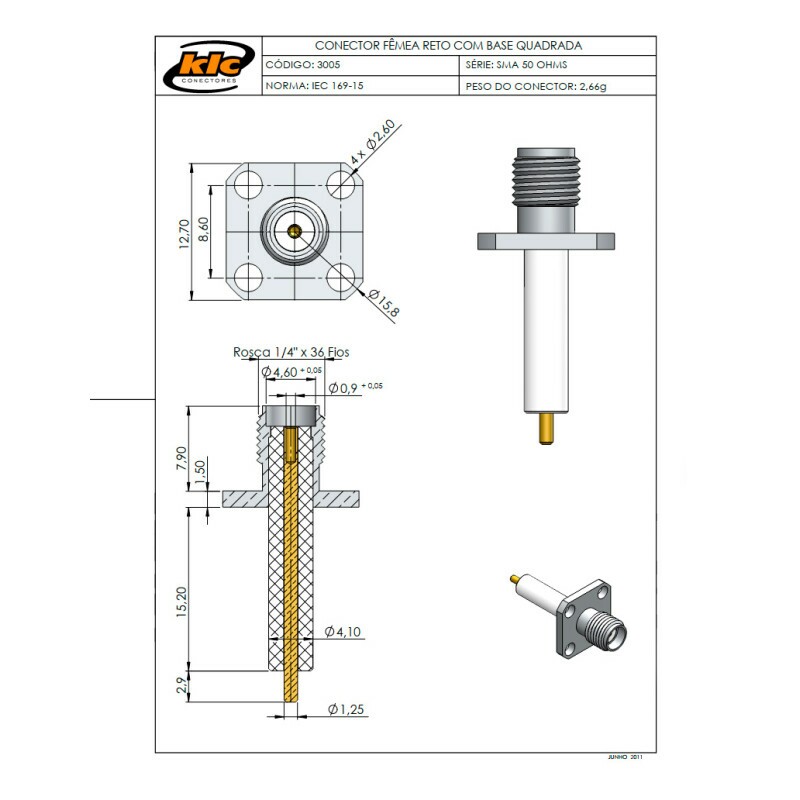 Conector SMA Fêmea Reto Painel Base Quadrada 12,7mm Isolante de 15,2mm ...
