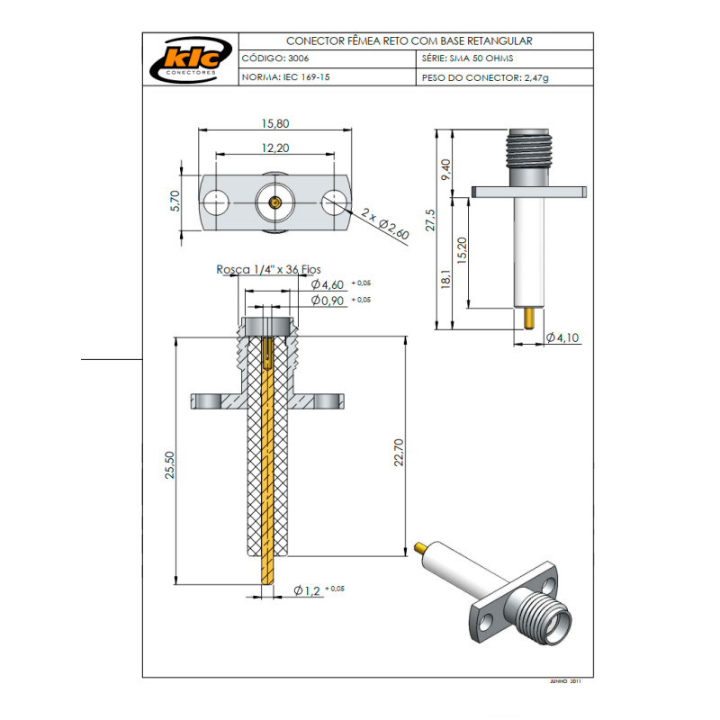 Conector SMA Fêmea Reto Painel Base Retangular 15,80MM Isolante 15,20MM - 3006 - Gav 104 - KLC