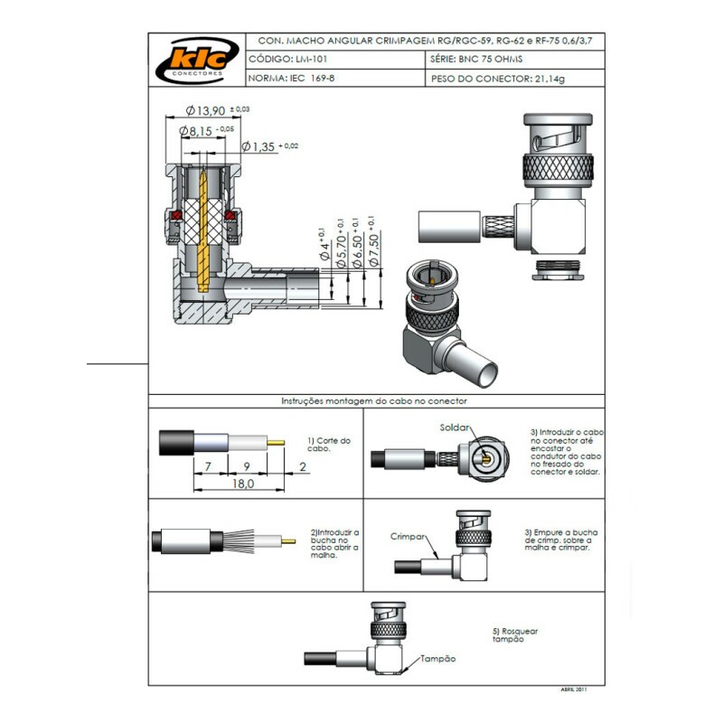 Conector BNC 75 Ohms Macho Angular para Cabo Crimpagem RG-59 e RGC-59 - Gav 01 - LM-101