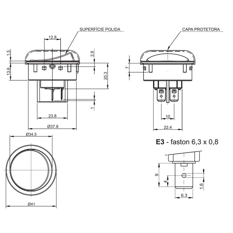 Chave Tecla Bipolar 6A/120 VCA ou 3A/250Vac 16.223 Liga/Desliga M7FT6EE3S/352 - Margirius
